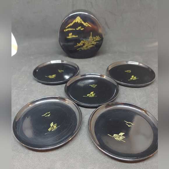 Dining | Vintage Lacquer Coaster Set Of 5 Hand Painted Mountain ...
